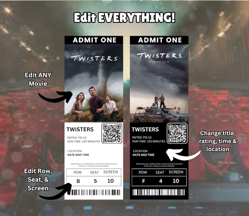 FULLY EDITABLE Movie Ticket Canva Template | Movie Party Invitation ...