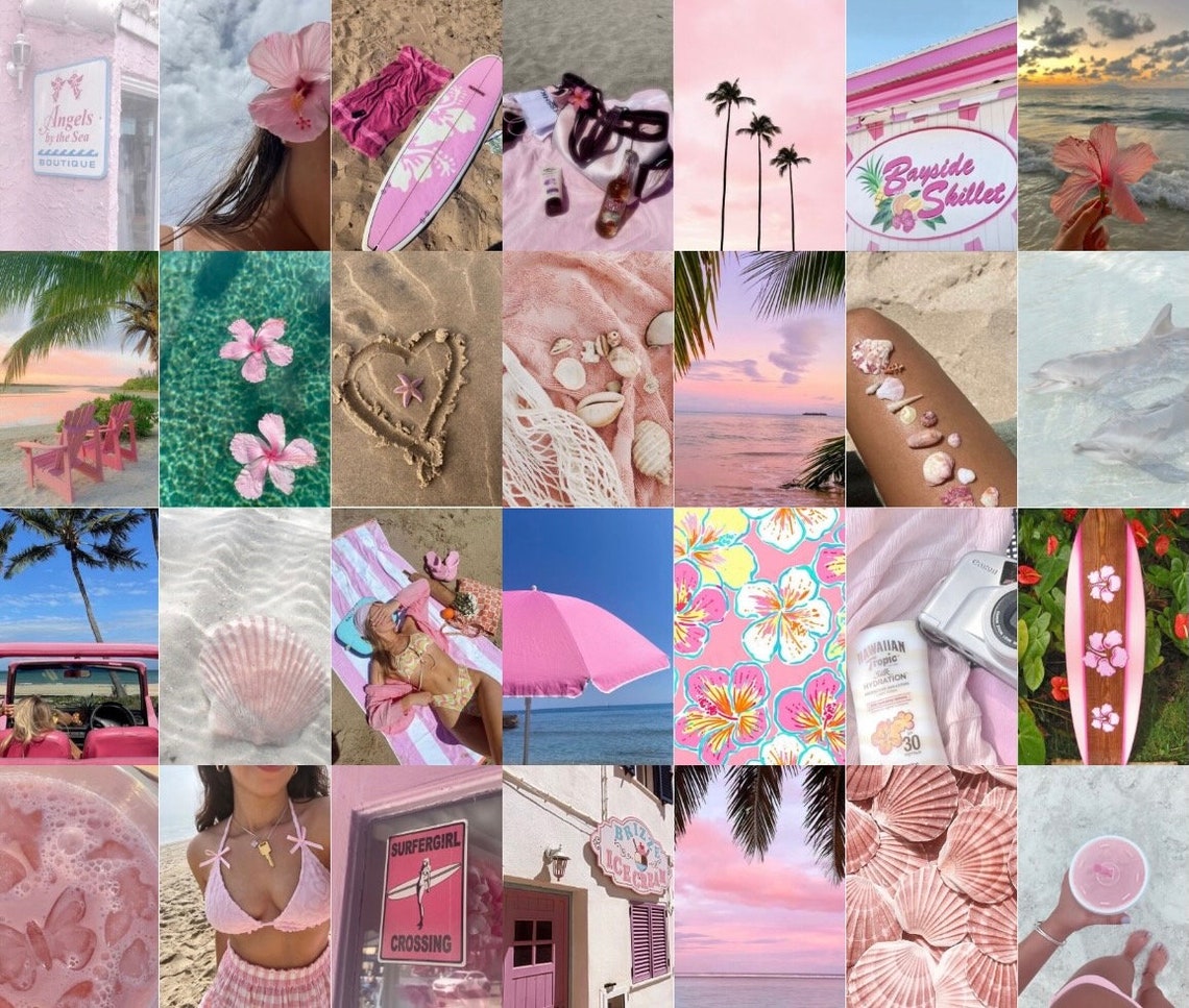 80 PCS | Pink Summer Aesthetic Wall Collage Kit | Pink Coconut Girl ...