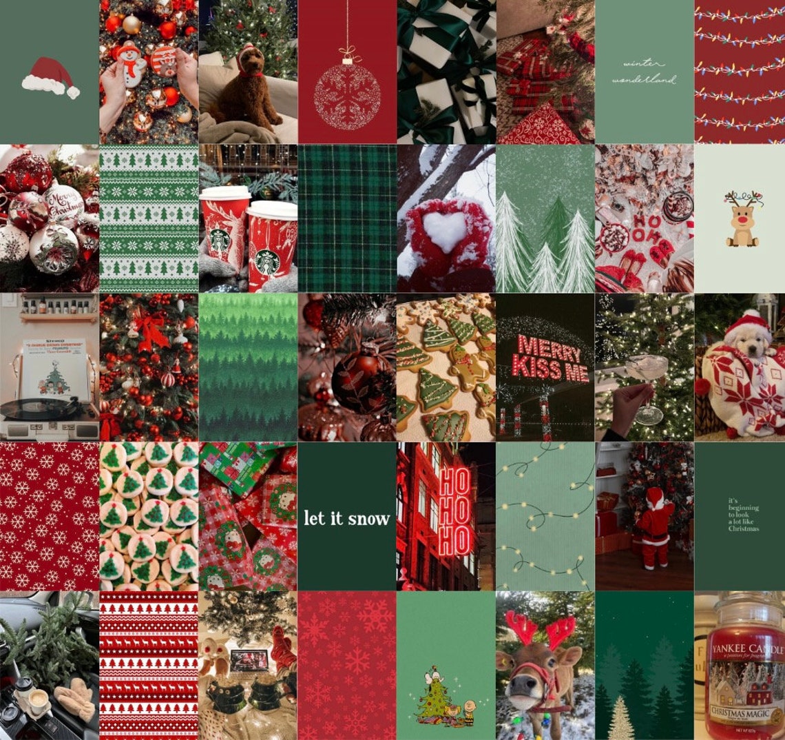 100 PCS | Red & Green Christmas Wall Collage Kit | Holiday Winter Xmas ...