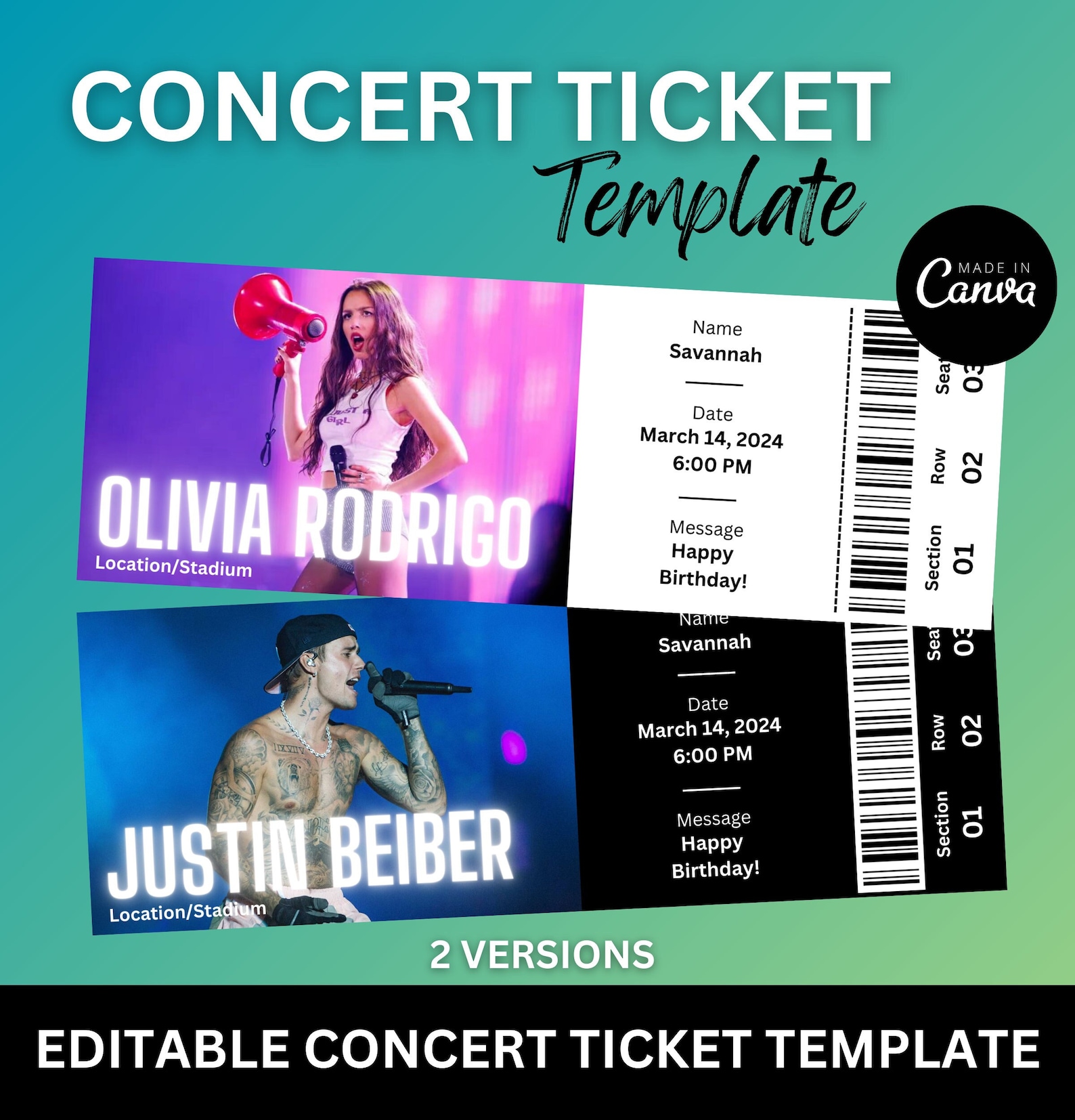 Editable Concert Ticket Template Event Ticket Stub Personalized Concert ...