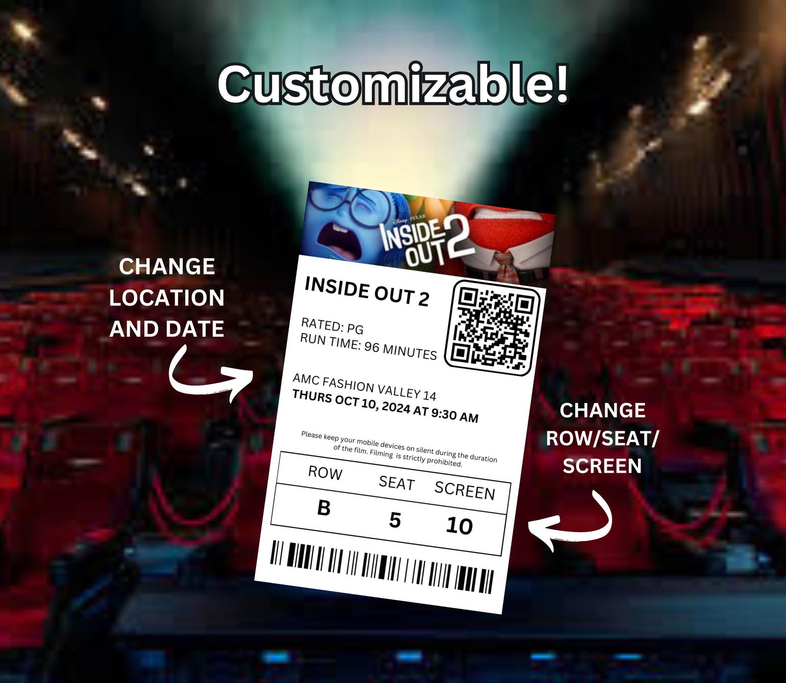 Inside Out 2 Editable Movie Ticket Canva Template | Movie Party ...