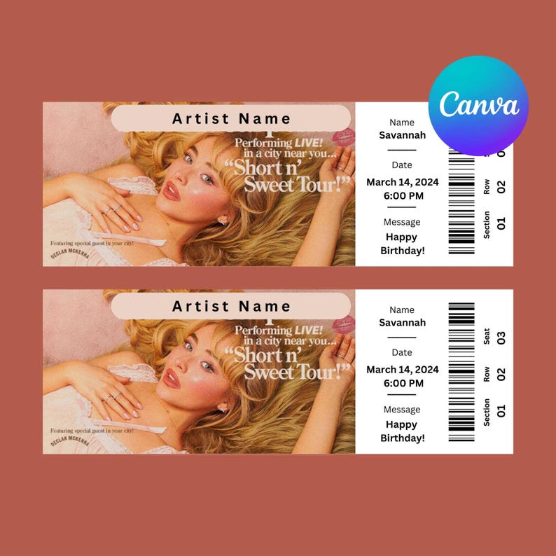 Pop Singer Editable Concert Ticket Canva Template | Customizable ...