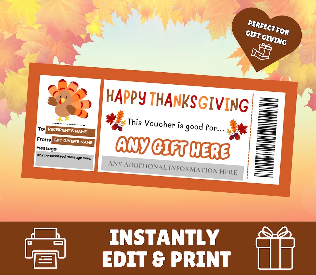 INSTANTLY EDIT Thanksgiving Turkey Coupon Voucher Gift Certificate ...