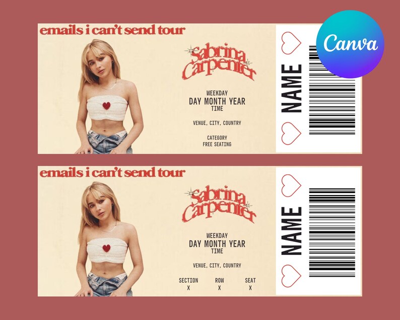 Sabrina Carpenter Editable Concert Ticket Canva Template Customizable Printable Concert Ticket ...