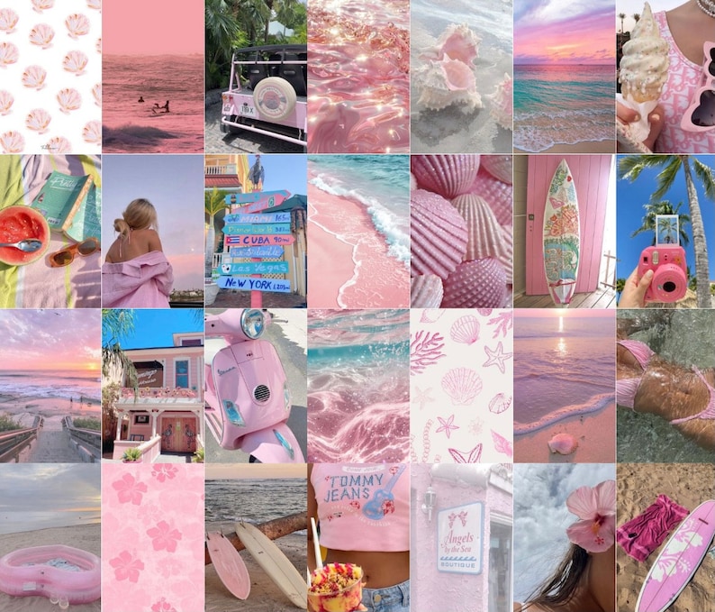80 PCS | Pink Summer Aesthetic Wall Collage Kit | Pink Coconut Girl ...