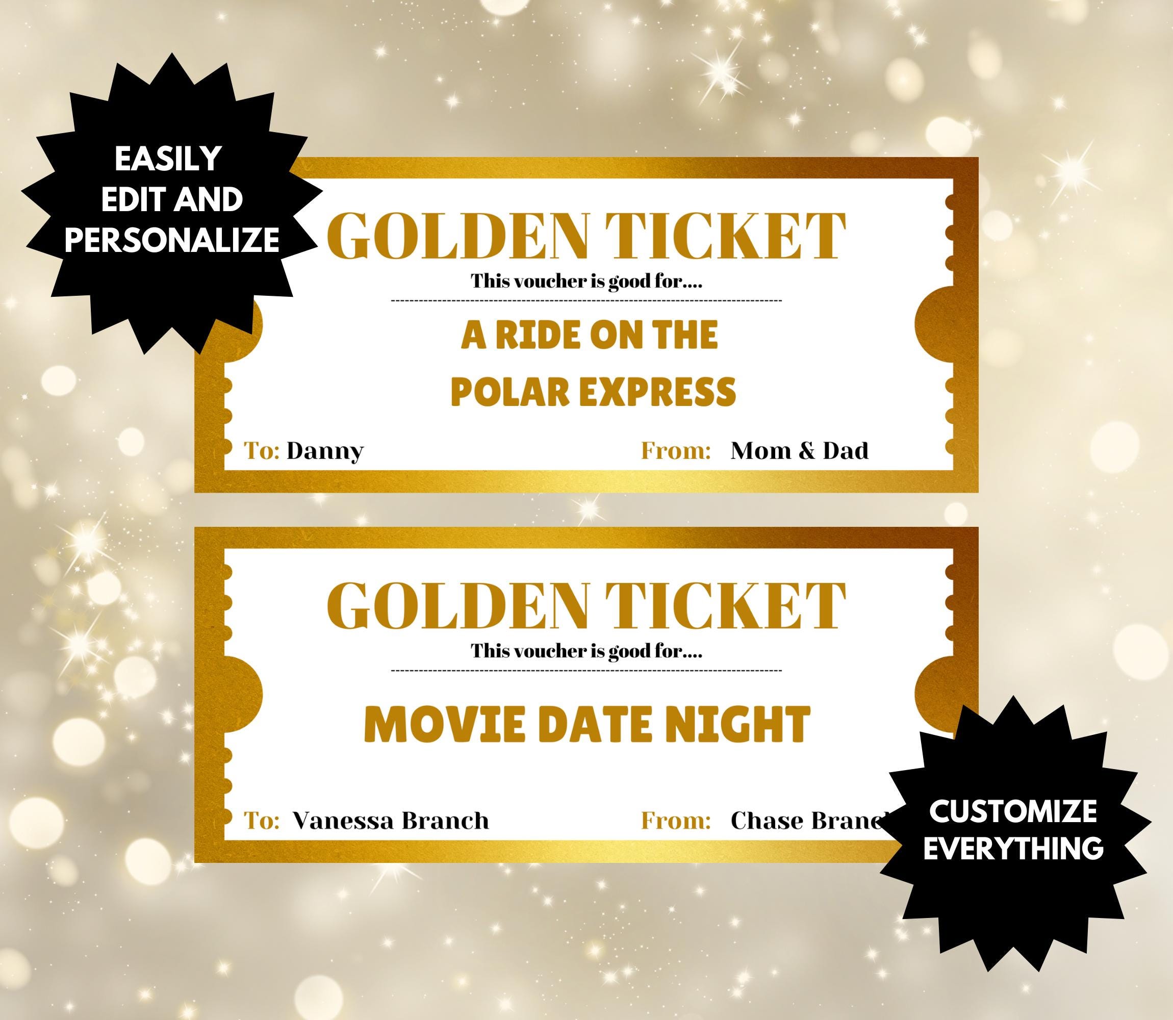 EDITABLE Elegant Golden Ticket Printable Template | Personalized Gift ...