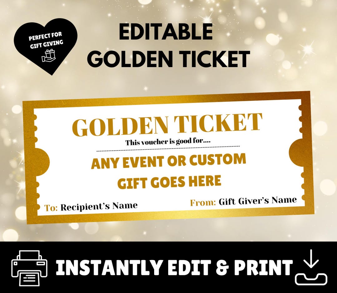 EDITABLE Elegant Golden Ticket Printable Template | Personalized Gift ...