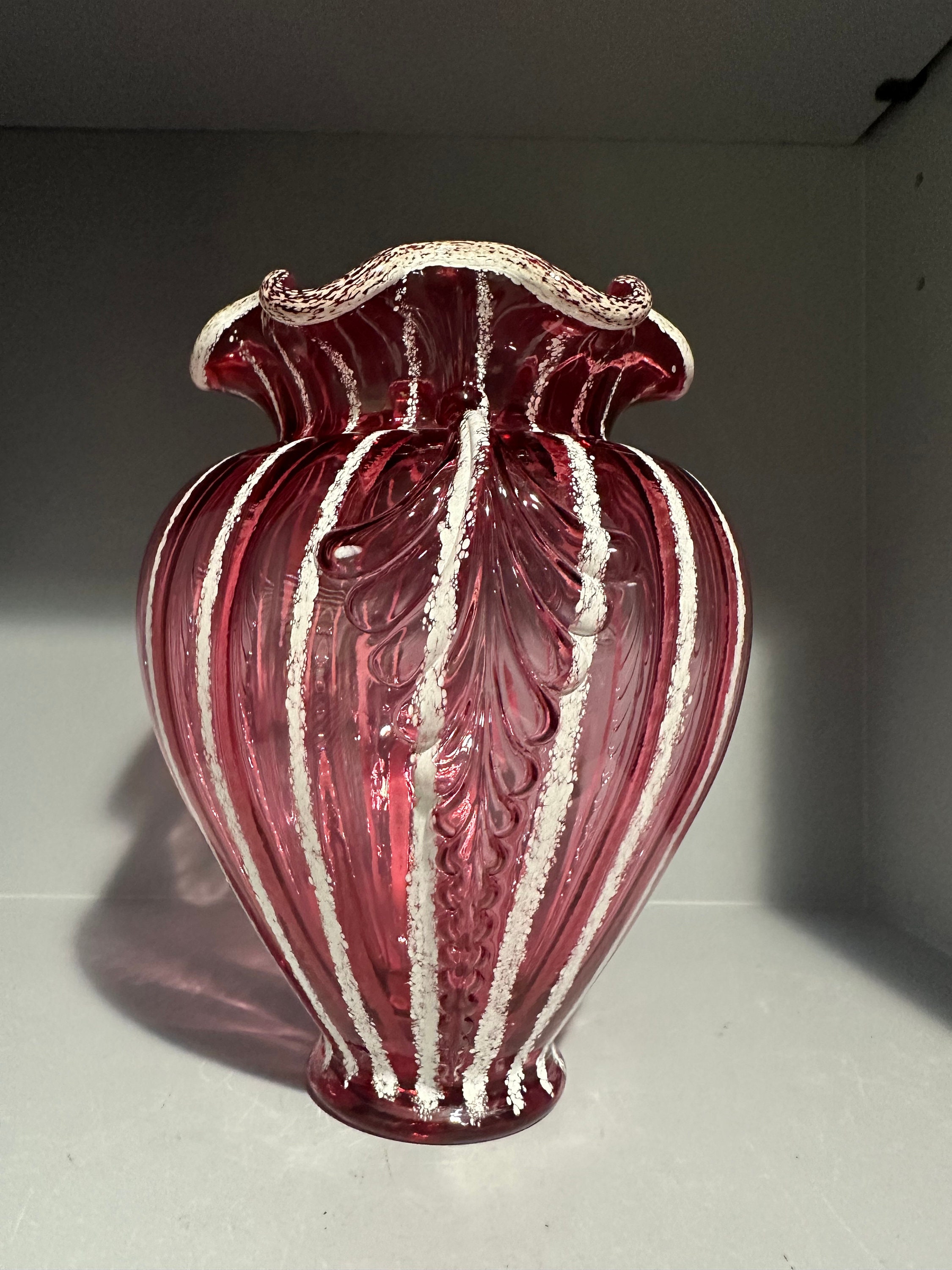 Fenton Cranberry Feather Vase - Etsy