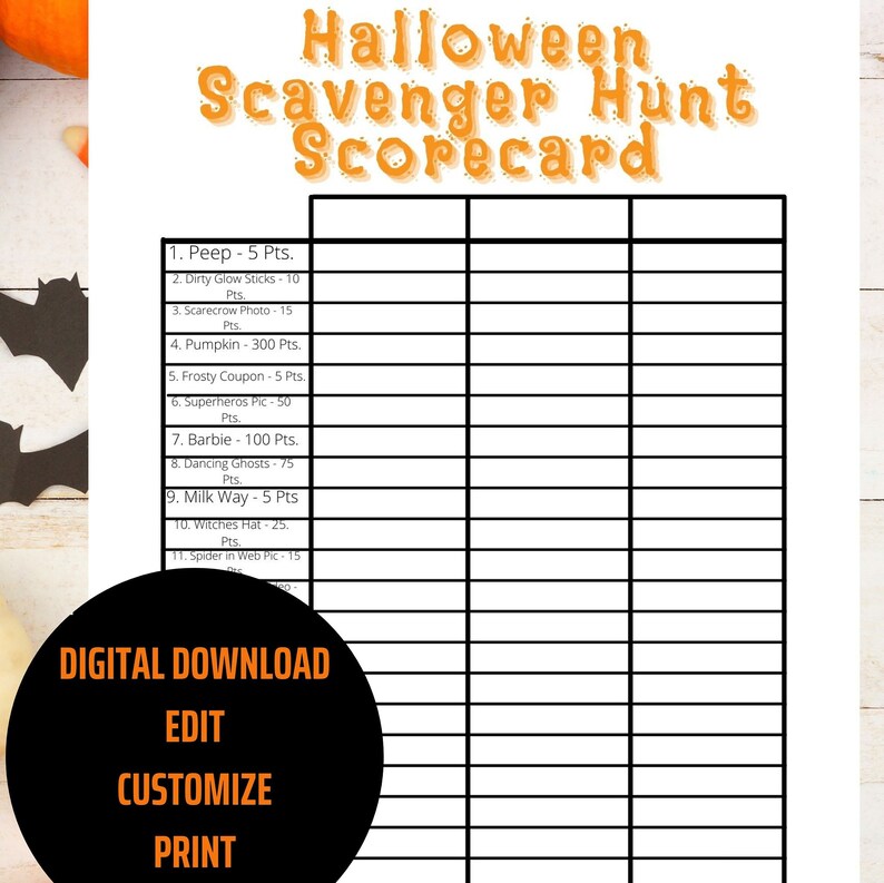 Halloween Scavenger Hunt Template With Scorecard - Digital Download ...