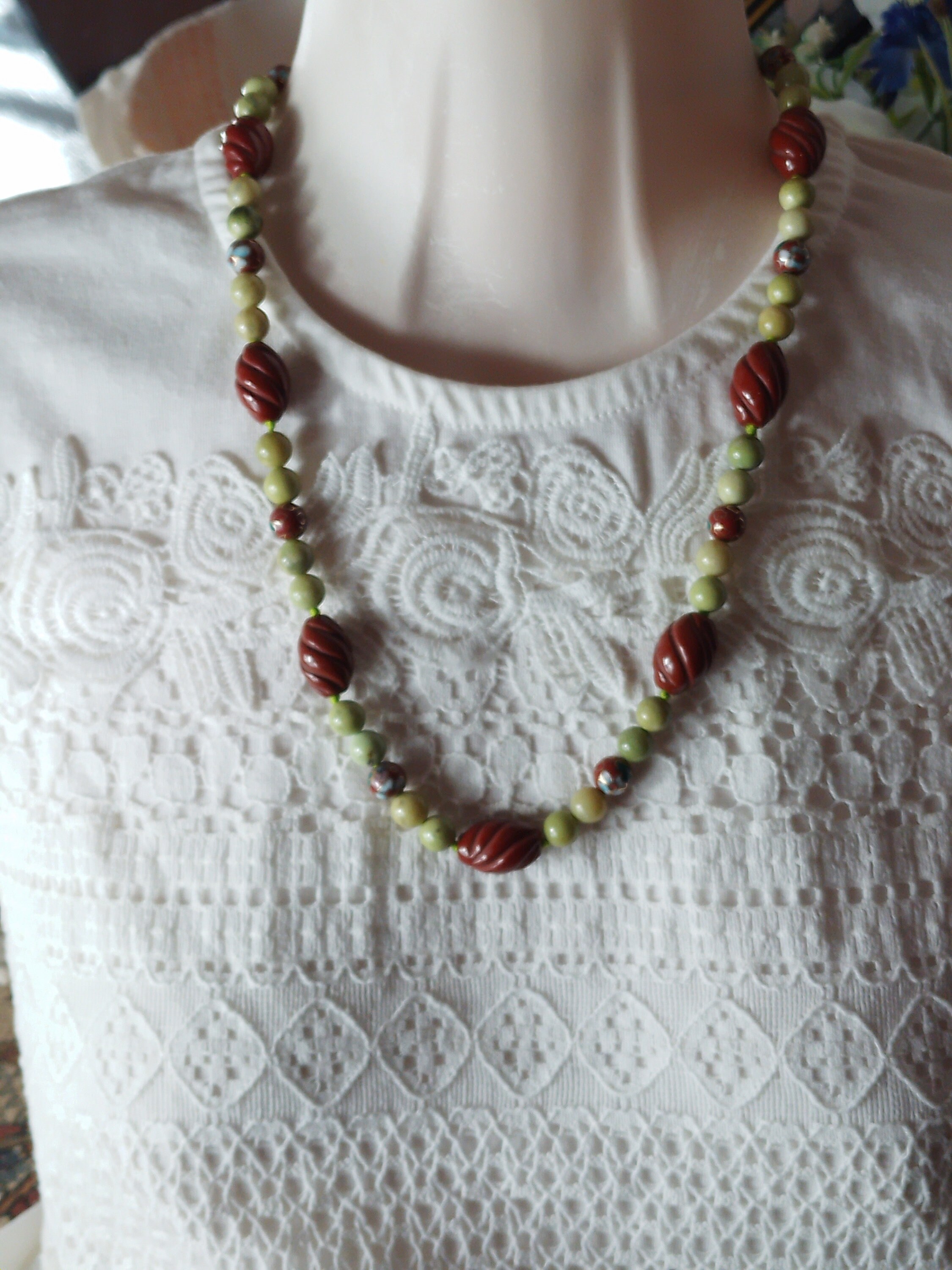 Vintage 1920s Style Carved Red Agate, Chrysoprase, and Red Cloisonné ...