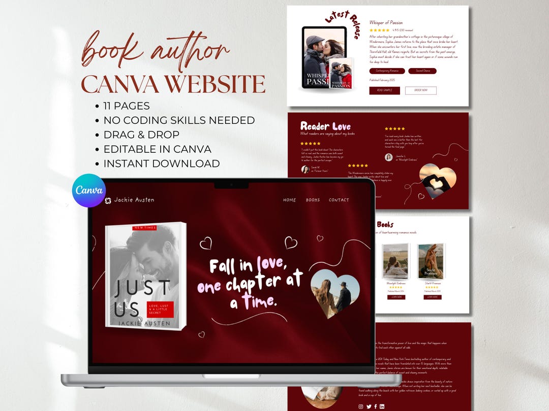 Romance Author Website Canva Template: Book Marketing Landing Page ...