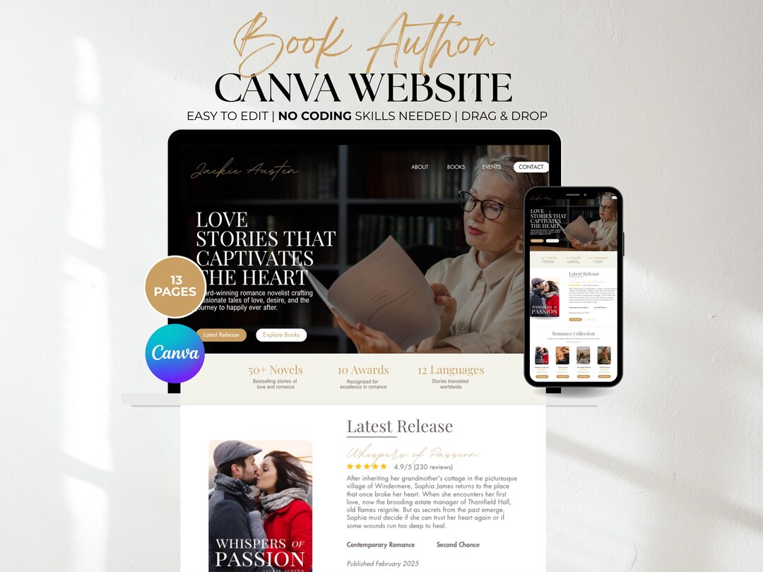 Romance Book Author Website Template: Canva One-page Design (digital ...