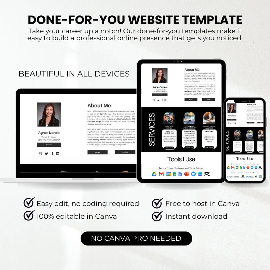 Black Virtual Assistant Portfolio Website Template Canva Virtual ...