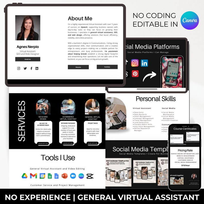 Black Virtual Assistant Portfolio Website Template Canva Virtual ...