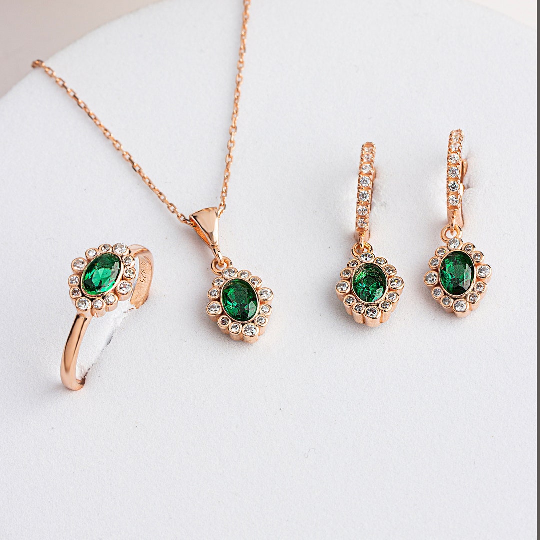 3 Piece Emerald Green Jewelry Set Jewelry for Bride 925 - Etsy