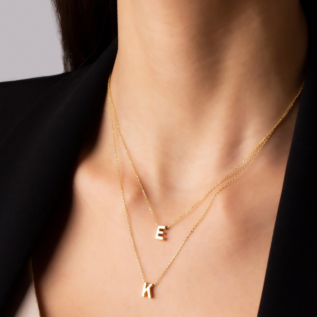 Double Initial Necklace With Double Layer Chain Floating - Etsy Australia
