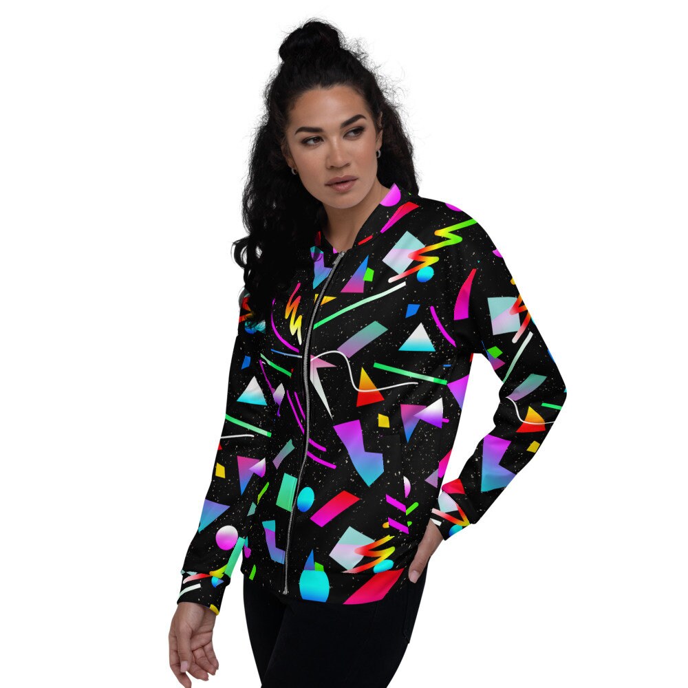 80s Retro Bomber Jacket Unisex Geometric Print Coat Colorful Vintage ...
