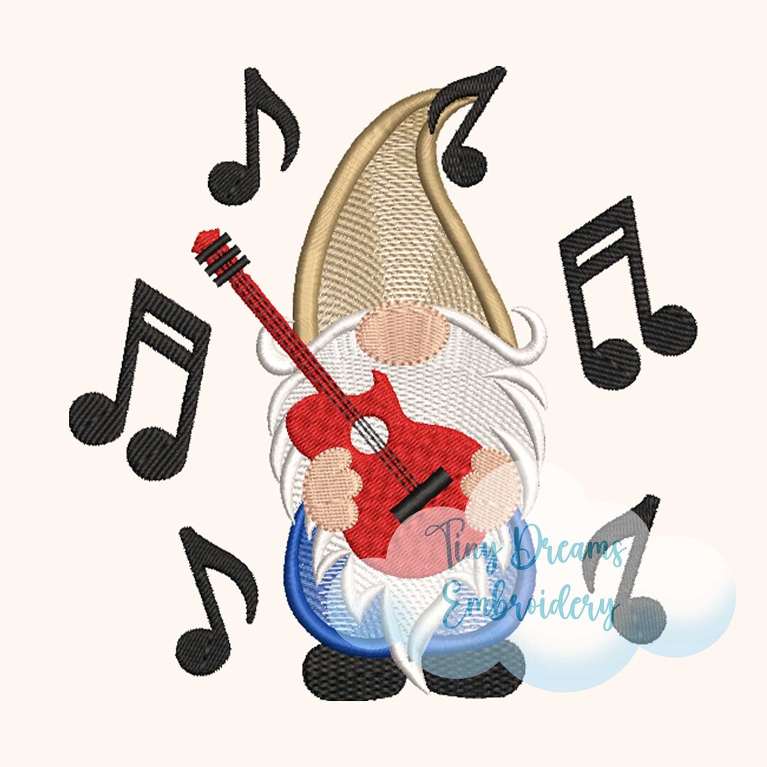 Rock 'n' Roll Gnome Embroidery Design: Guitar Music Notes (digital ...