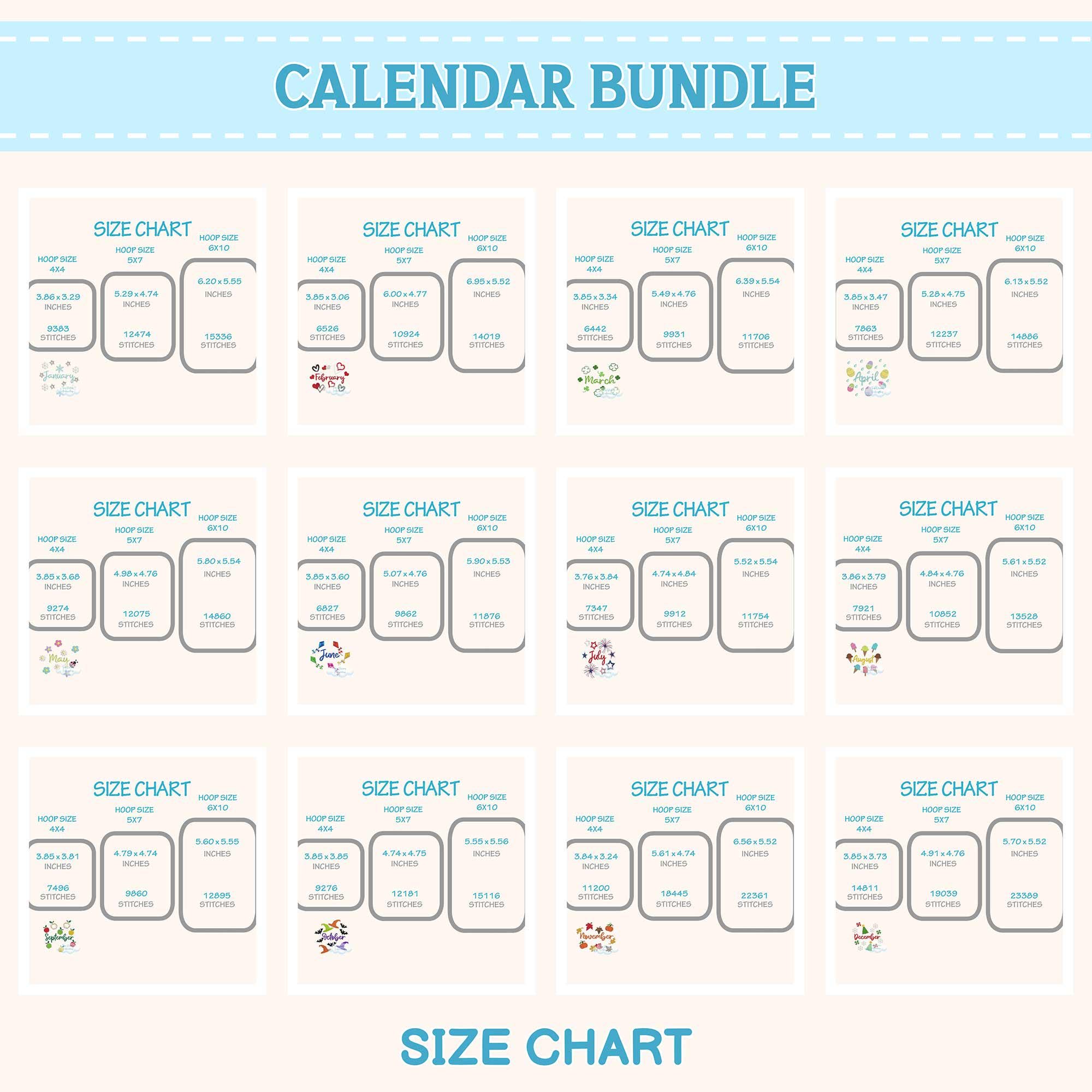 Calendar Embroidery Design Bundle: 12 Months, January to December ...
