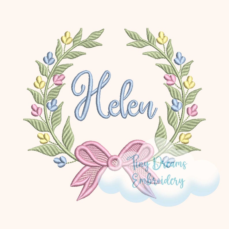 Floral Wreath Monogram Embroidery Design: Bow, Custom Name (digital ...