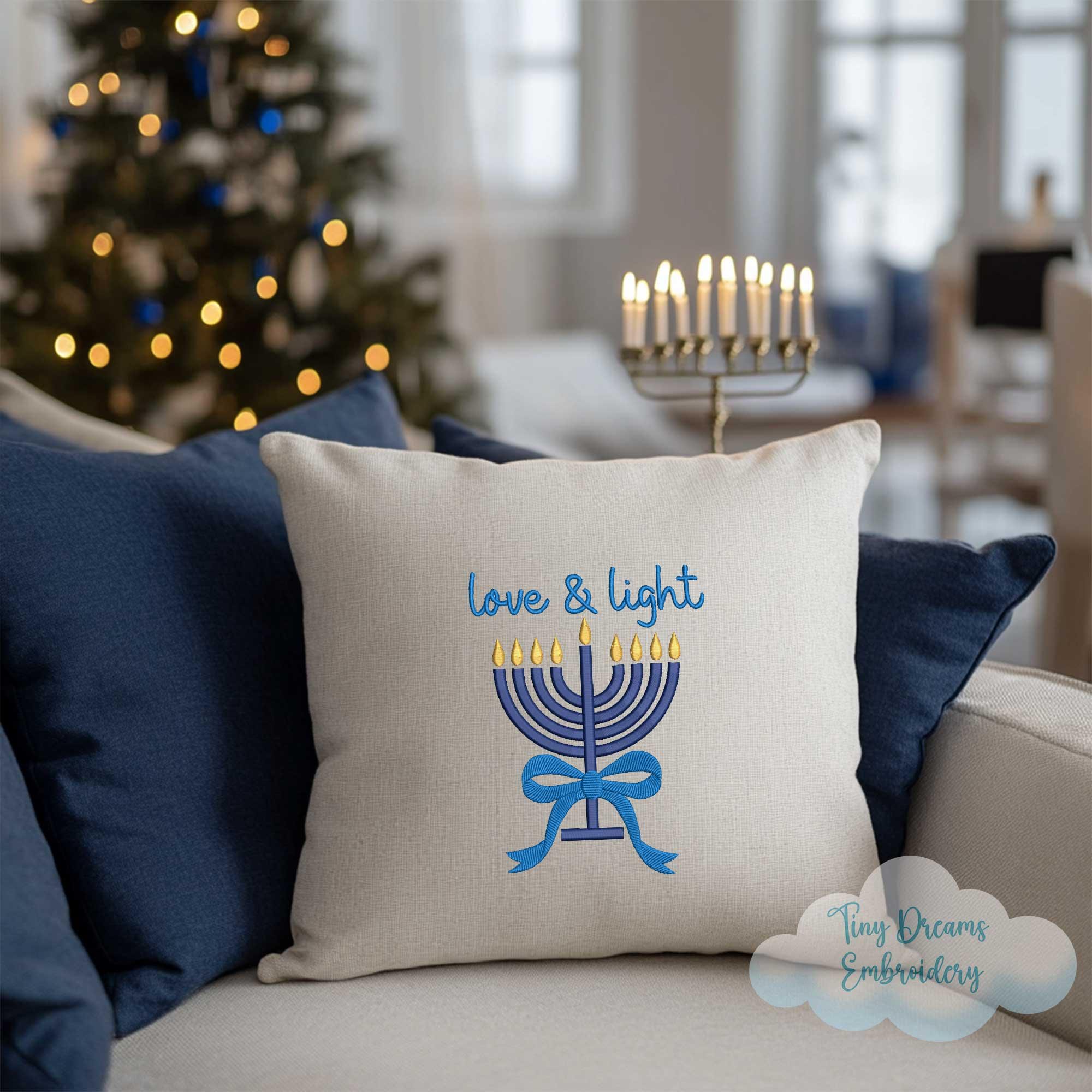 Menorah Candle Bow Embroidery Design: Happy Hanukkah Love Lights ...