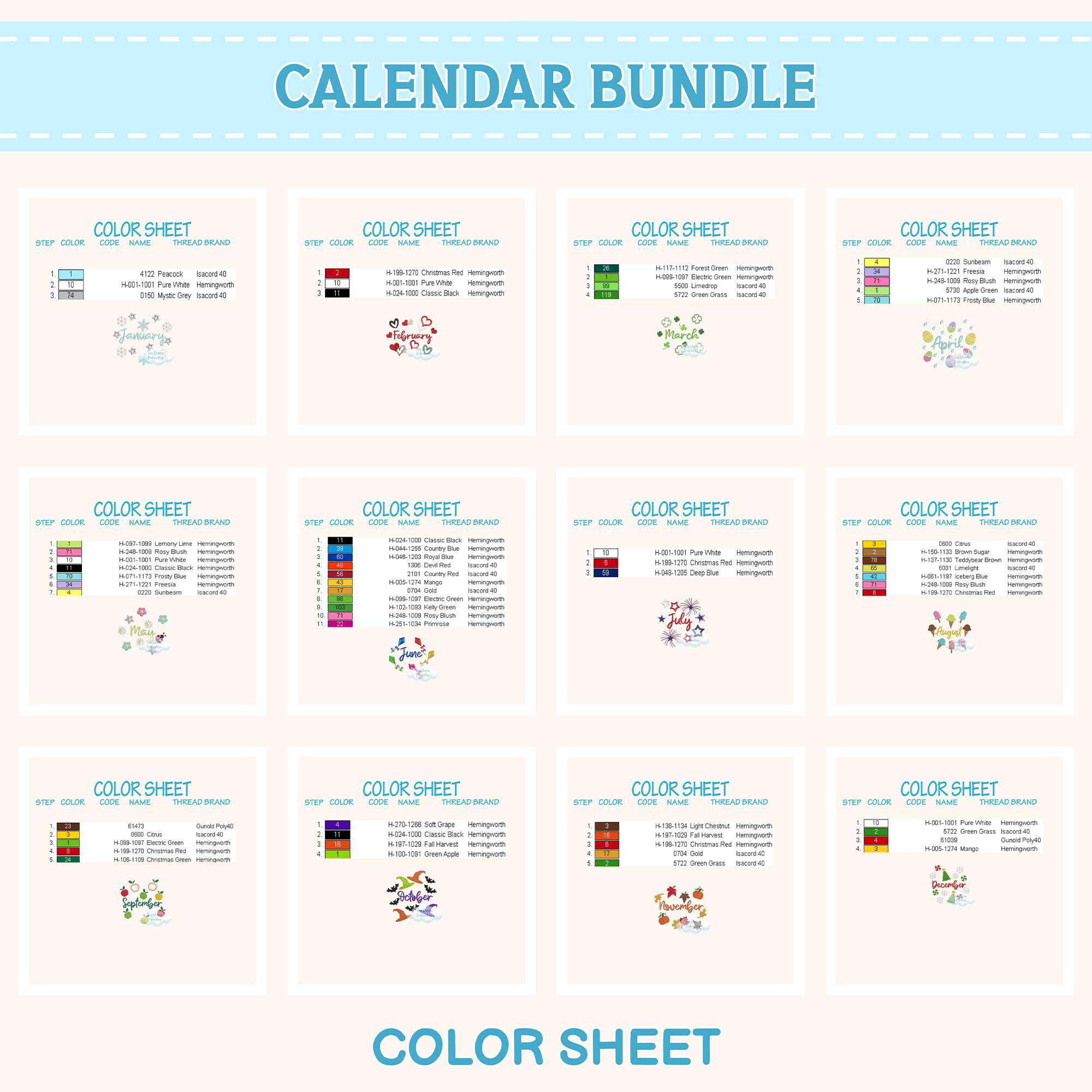 Calendar Embroidery Design Bundle: 12 Months, January to December ...