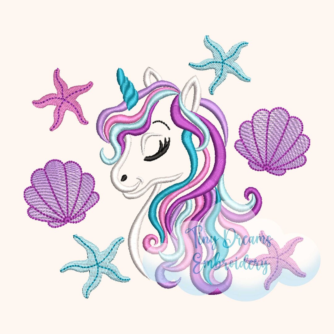 Mermaid Unicorn Embroidery Design: Sea Unicorn, Starfish, Seashell ...
