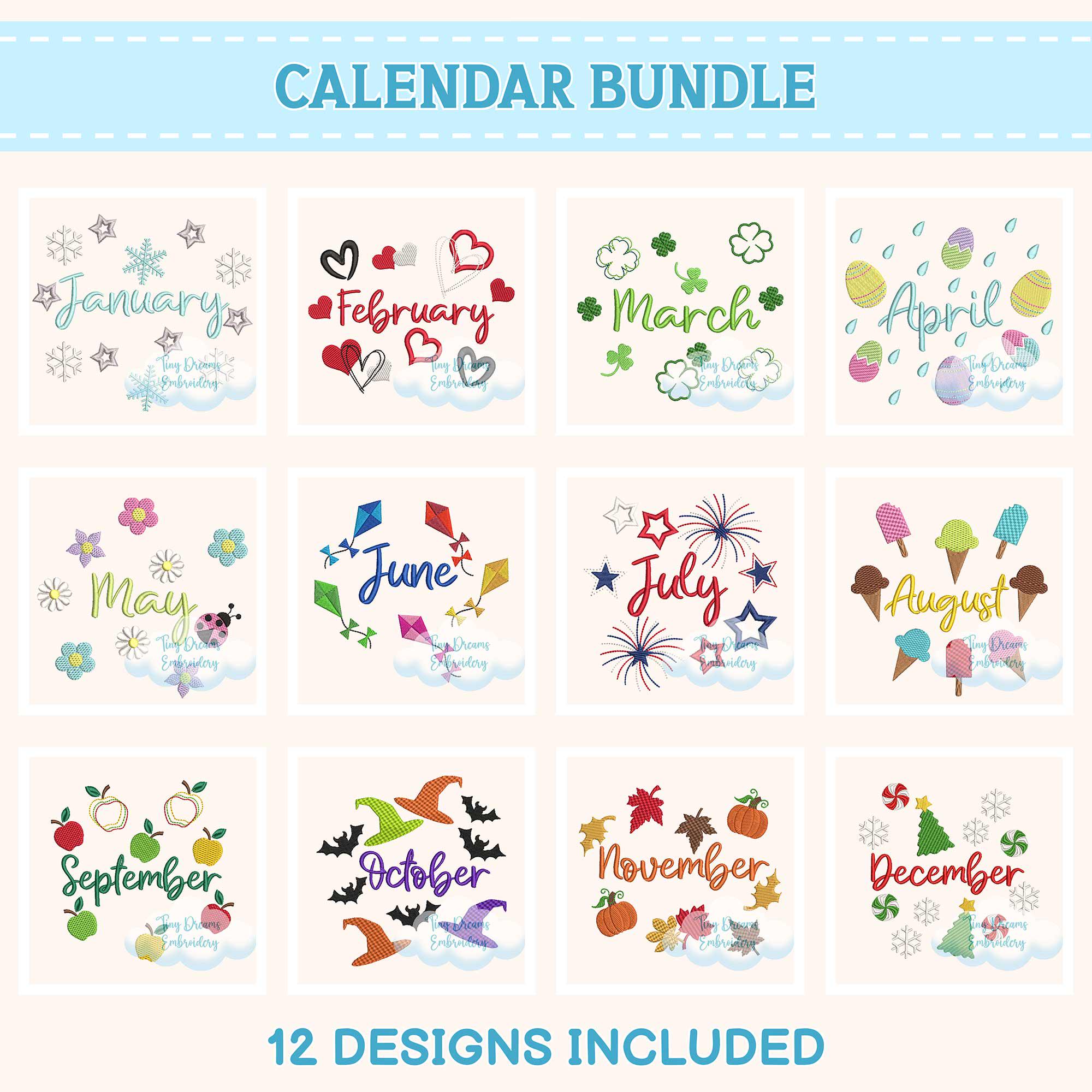 Calendar Embroidery Design Bundle: 12 Months, January to December ...