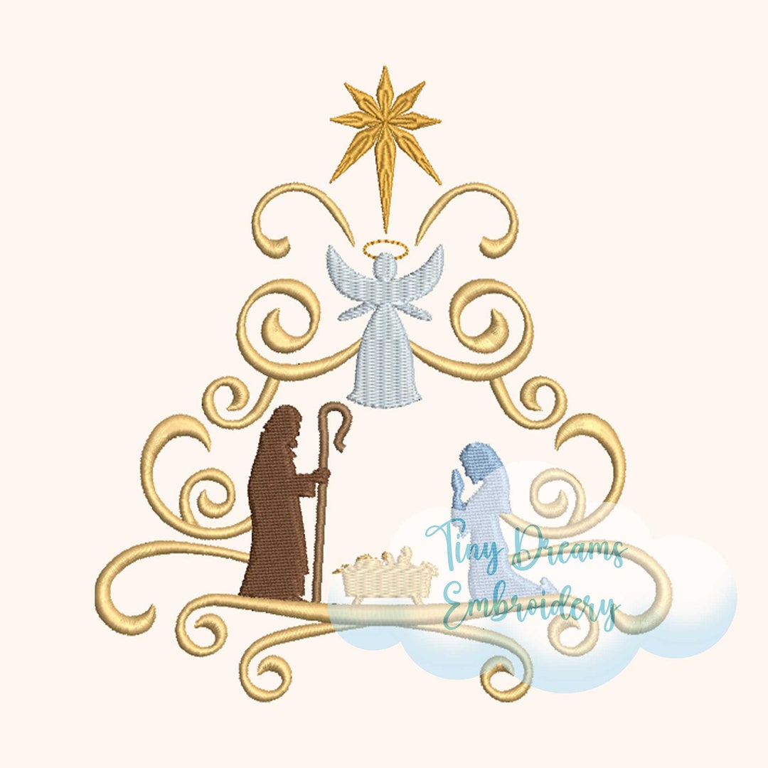 Nativity Christmas Tree Embroidery Design, Angel Star Jesus Religious ...