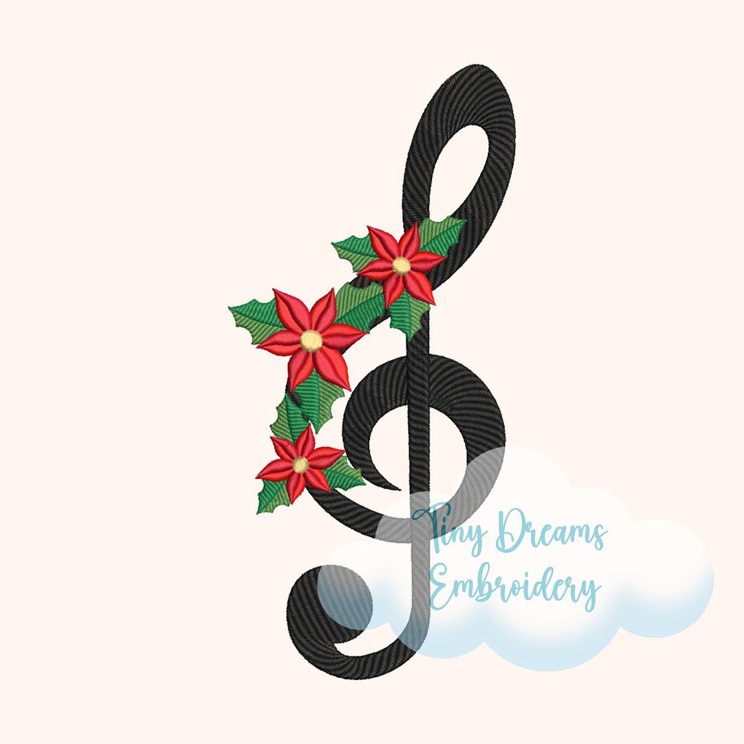 Christmas Music, Treble Clef, Poinsettia Flower: Machine Embroidery ...