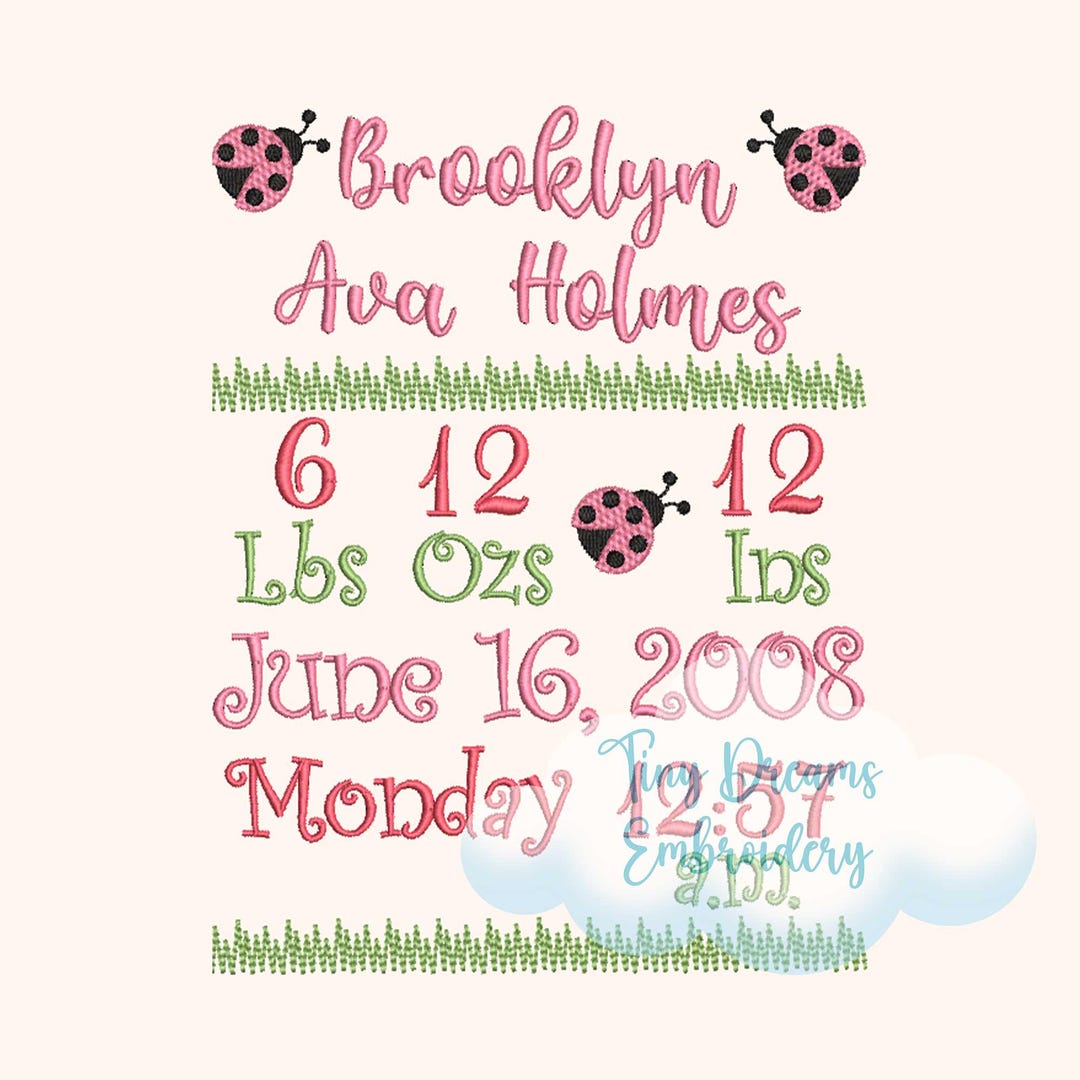 Ladybug Birth Announcement Digital Machine Embroidery Design Baby Girl ...