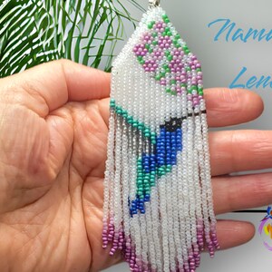 Handmade Beaded Hummingbird Earrings: Pink Flower Fringe Dangle - Etsy