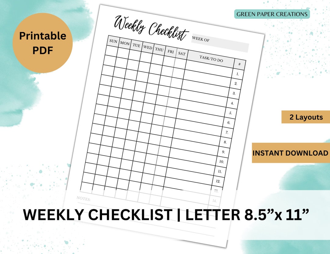 Weekly Checklist, Weekly to Do List Printable, Weekly Task List ...