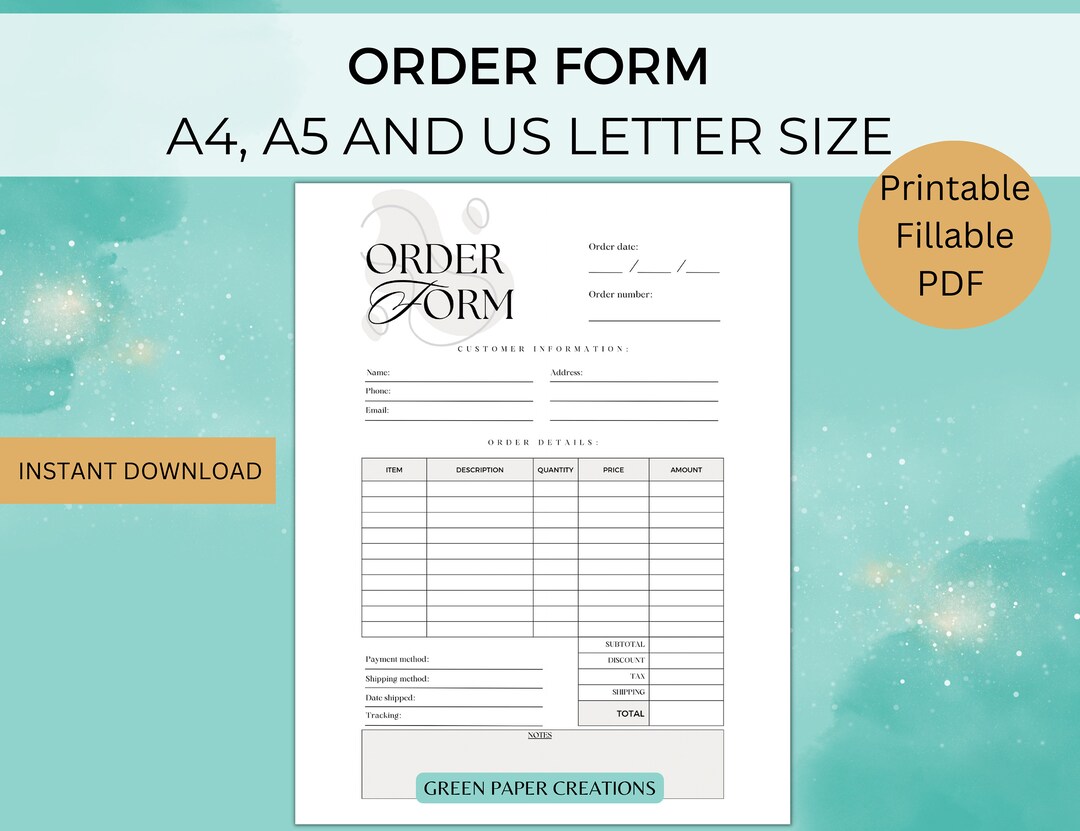 Fillable Order Form Template Printable, Simple Order Form for Small ...