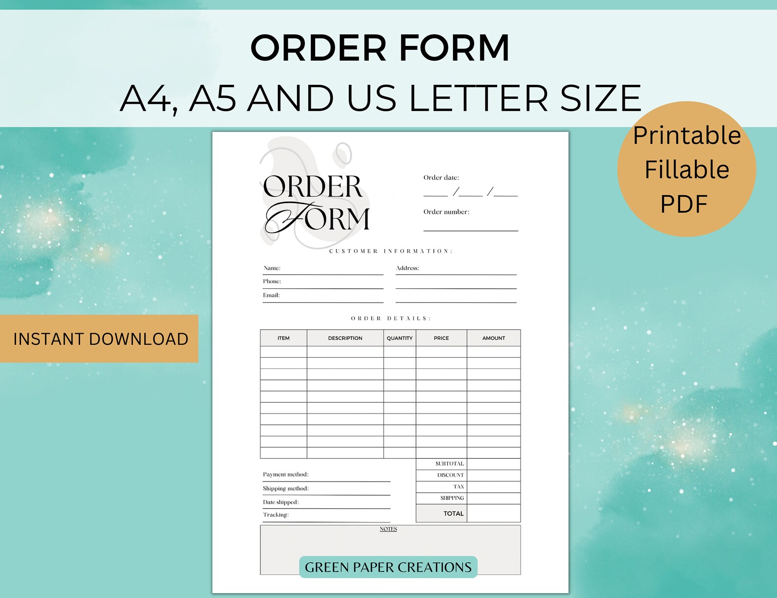 Fillable Order Form Template Printable, Simple Order Form for Small ...