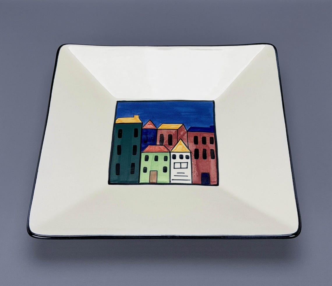 1980s TEMUKA POTTERY New Zealand 'HOUSES' Large Dish - 26.5cm X 4.5cm ...