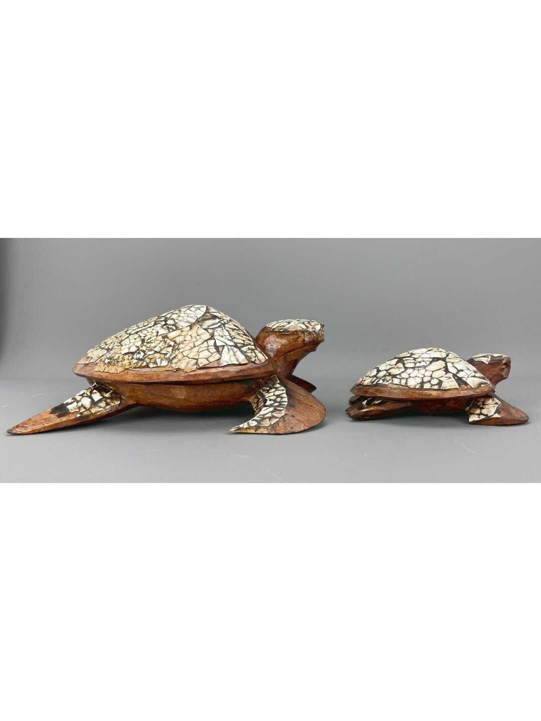 Vintage 2 Hand Carved Wood Sea Shell 'mother & Child' SEA TURTLES ...