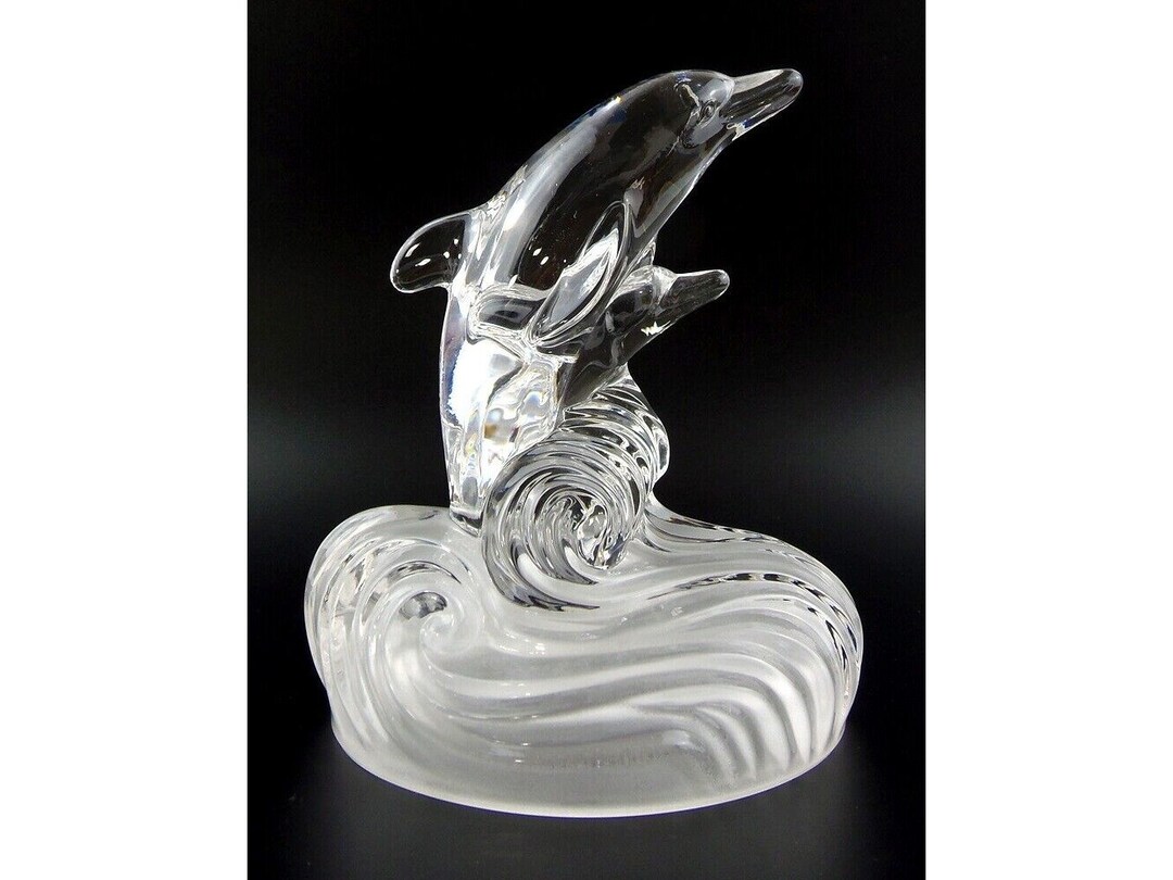 Vintage Lead Crystal Leaping MOTHER & BABY DOLPHINS - 14cm X 12cm X ...