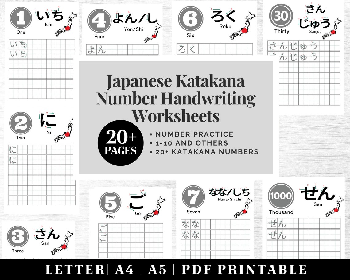 Japanese Katakana Workbook Printable Japanese Numbers Writing Practice ...