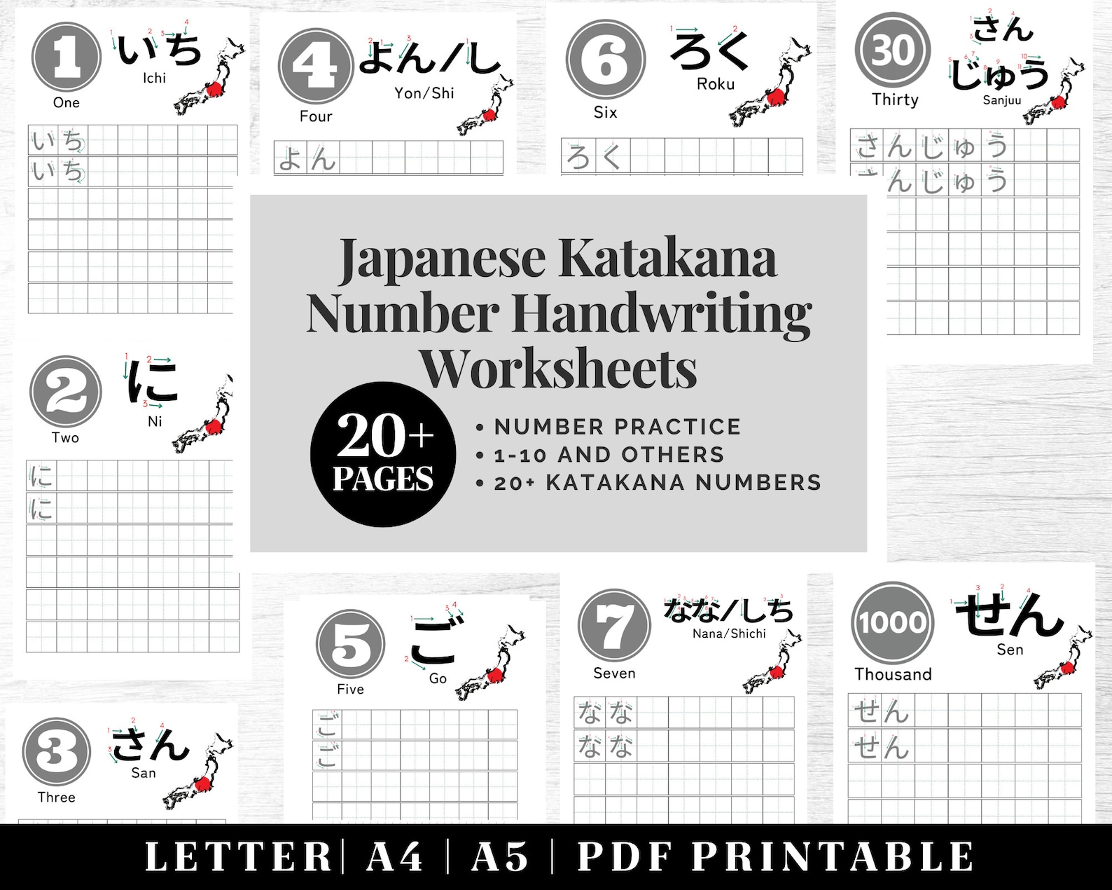 Japanese Katakana Workbook Printable Japanese Numbers Writing Practice ...