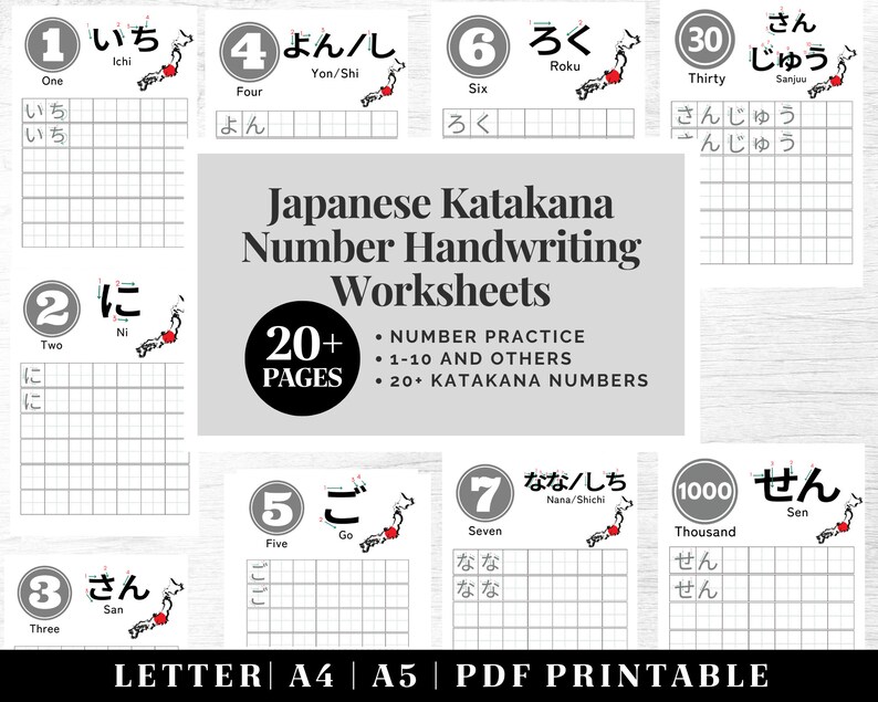 Japanese Katakana Workbook Printable Japanese Numbers Writing Practice ...