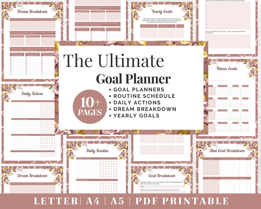 Goals Planner Printable | Rose Gold Productivity Tracker | Digital ...