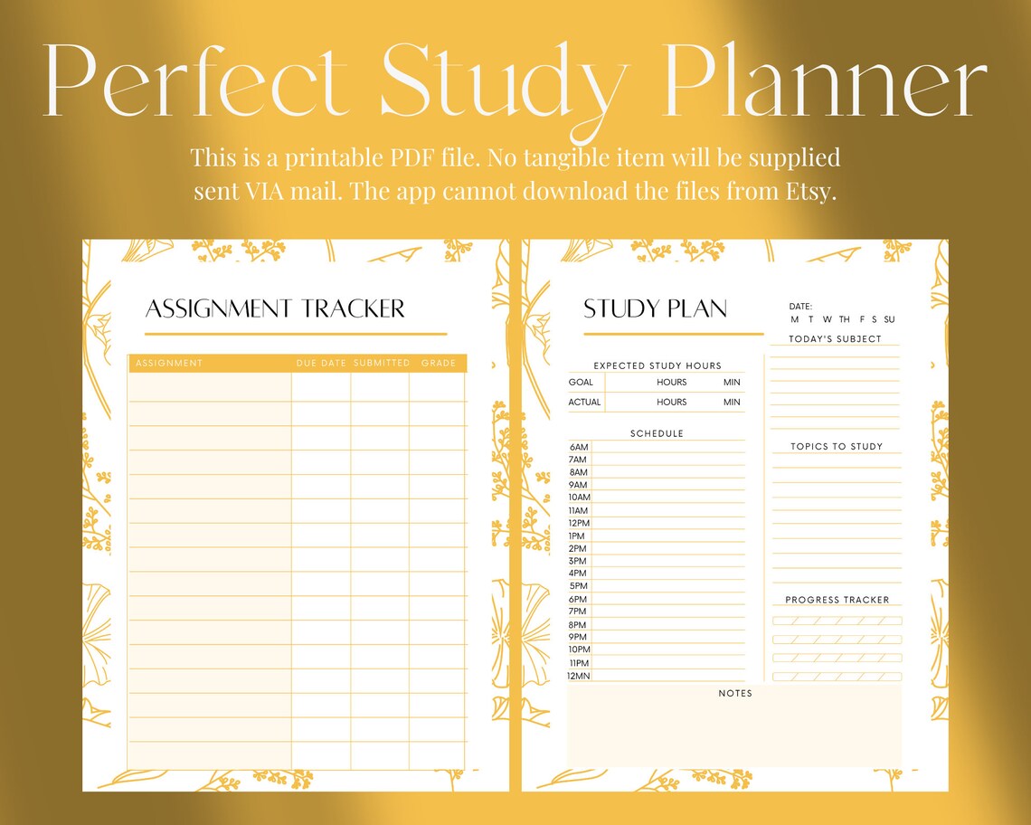 Study Planner Printable | Gold Assignment Tracker | Digital Download ...