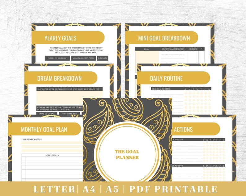 Goals Planner Printable | Gold Productivity Tracker | Digital Download ...