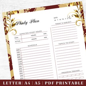 Study Planner Printable | Red and Gold Assignment Tracker | Digital ...