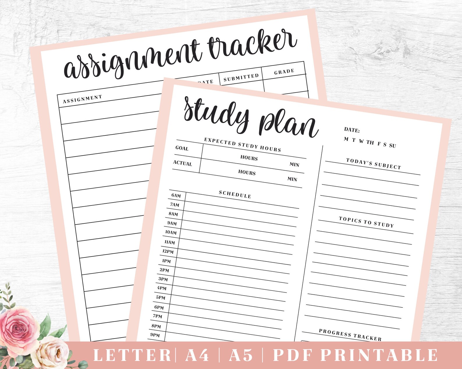 Study Planner Printable Pink Floral Assignment Tracker Digital Download ...