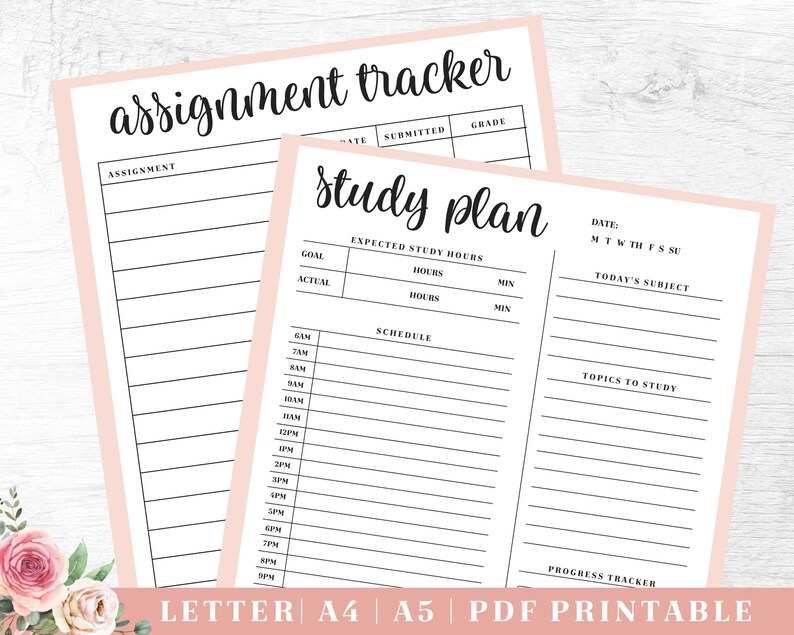 Study Planner Printable | Pink Floral Assignment Tracker | Digital ...