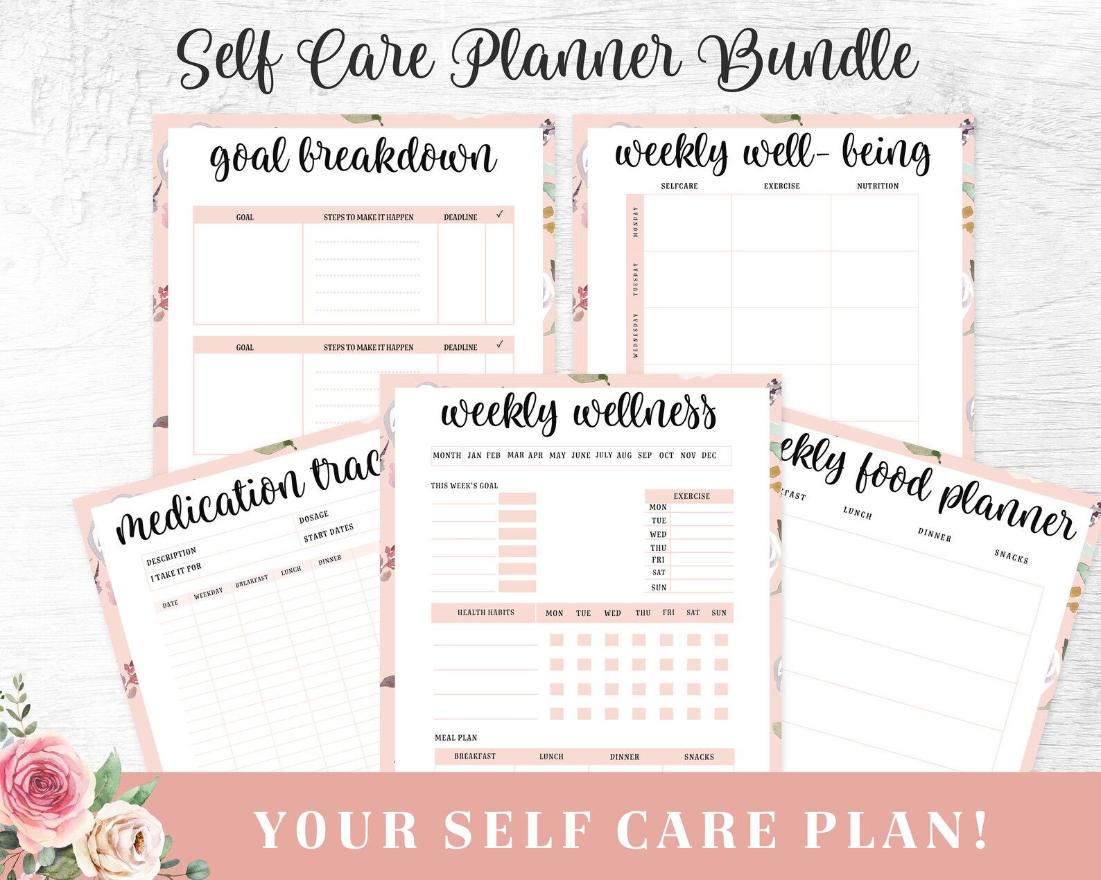 Self-care Journal Printable | Pink Floral Wellness Planner | Digital ...
