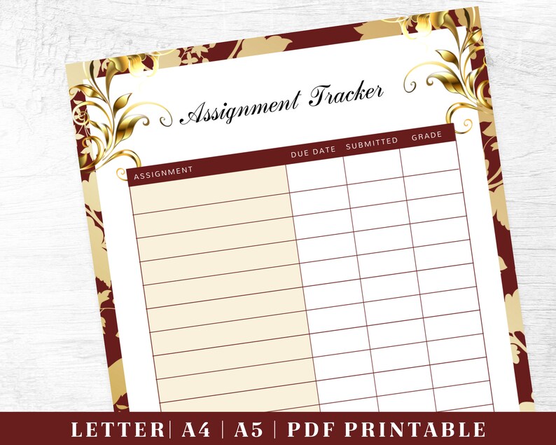 Study Planner Printable Red and Gold Assignment Tracker - Etsy