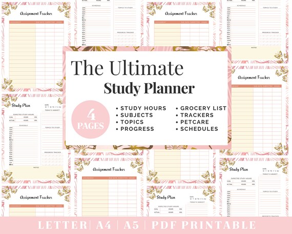 Study Planner Printable Pink and Gold Assignment Tracker | Etsy